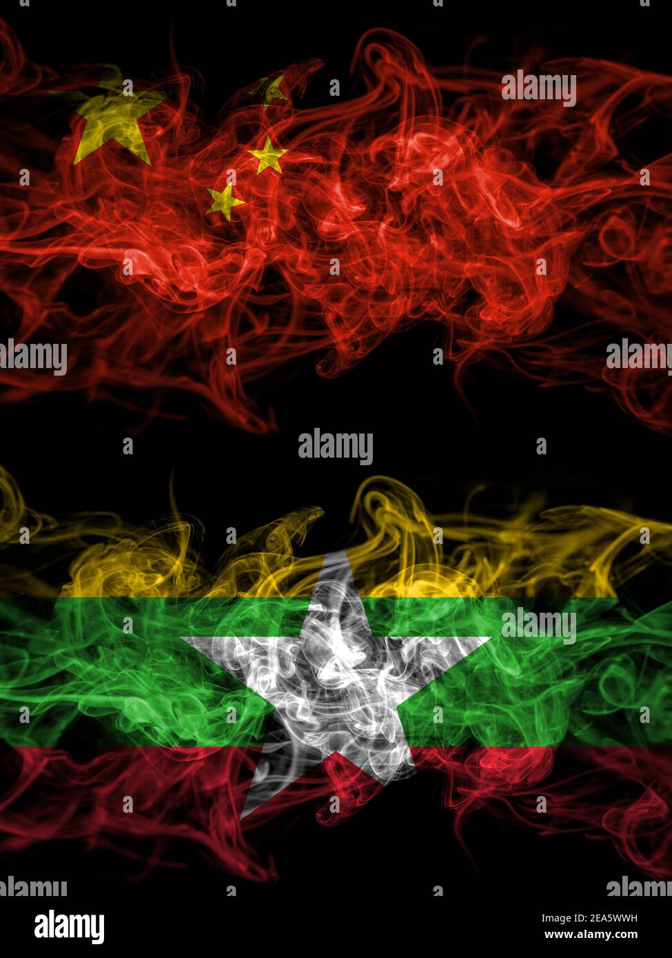 China, Chinese vs Myanmar, Burmese smoky mystic flags placed side by ...