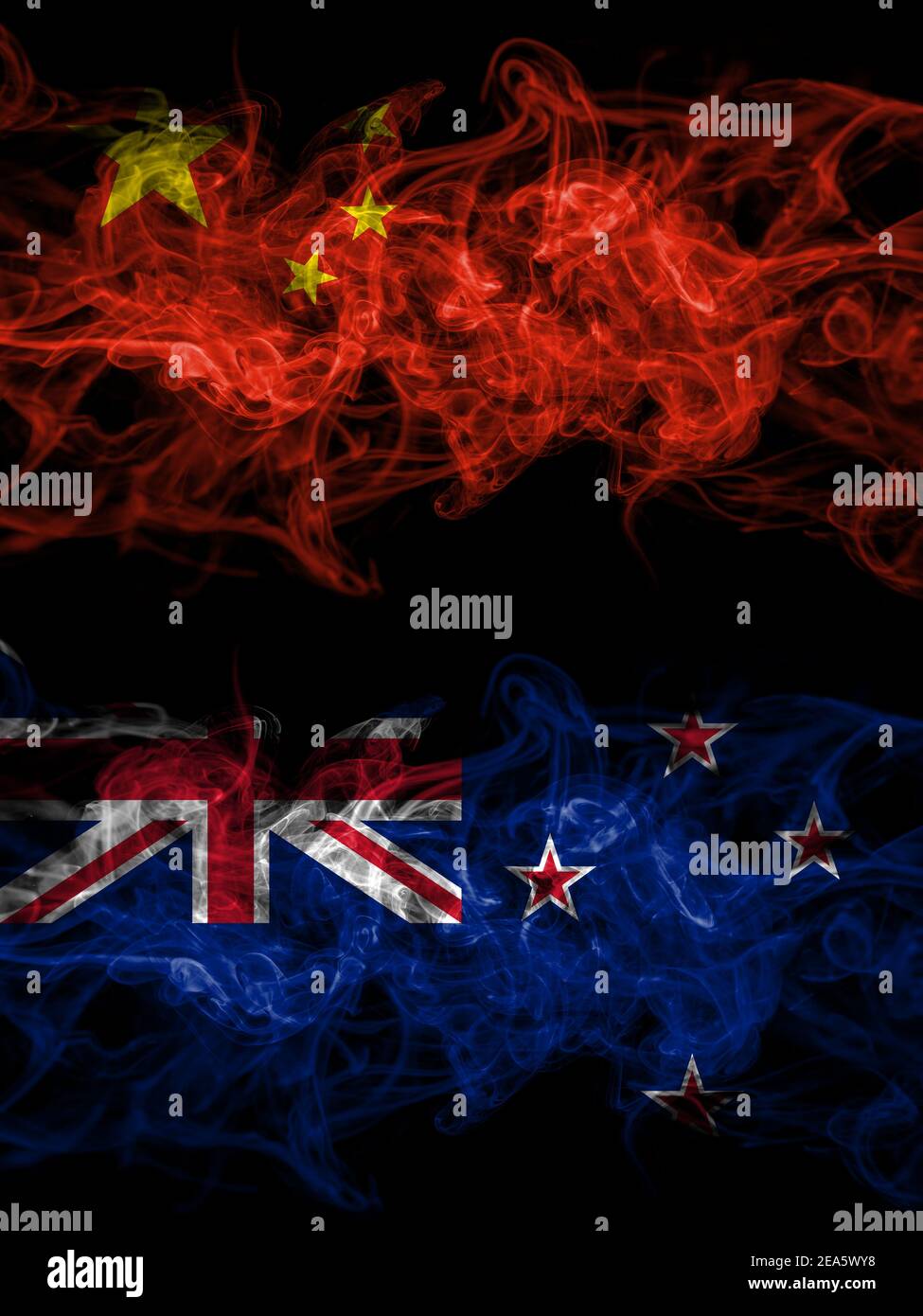 China, Chinese vs New Zealand, Kiwi smoky mystic flags placed side by ...