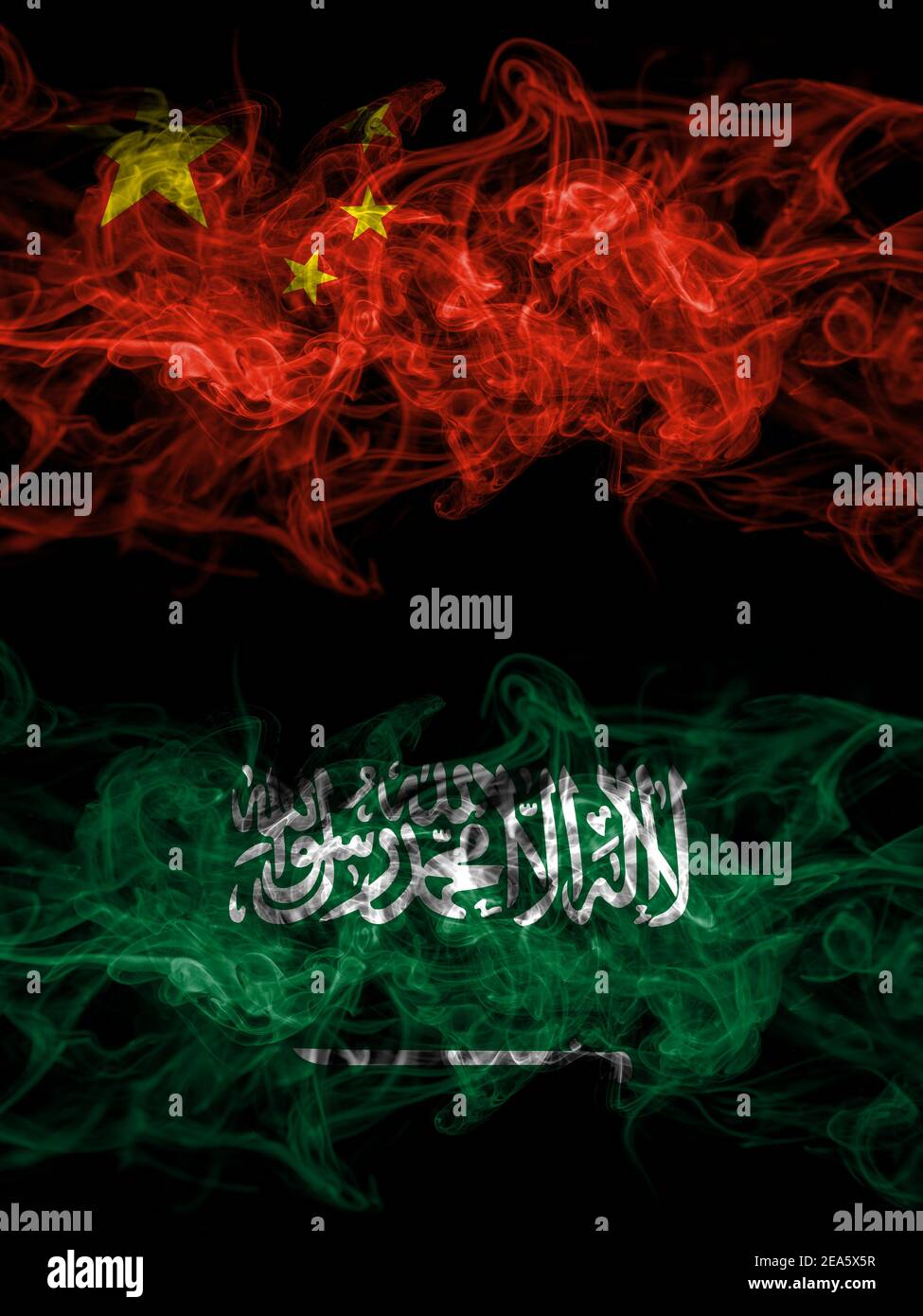 China, Chinese vs Saudi Arabia, Arabian smoky mystic flags placed side ...