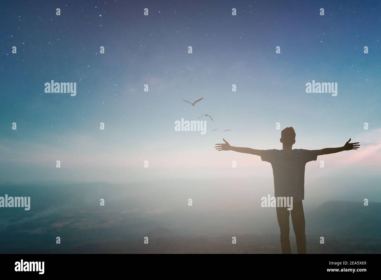 Happy man rise hand on morning view. Christian inspire praise God on ...