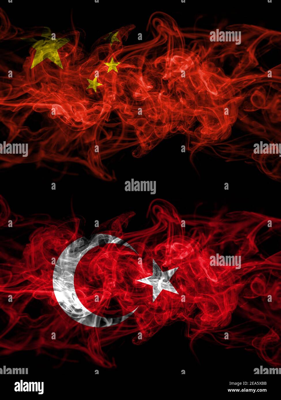 China, Chinese vs Turkey, Turkish, Turk smoky mystic flags placed side ...