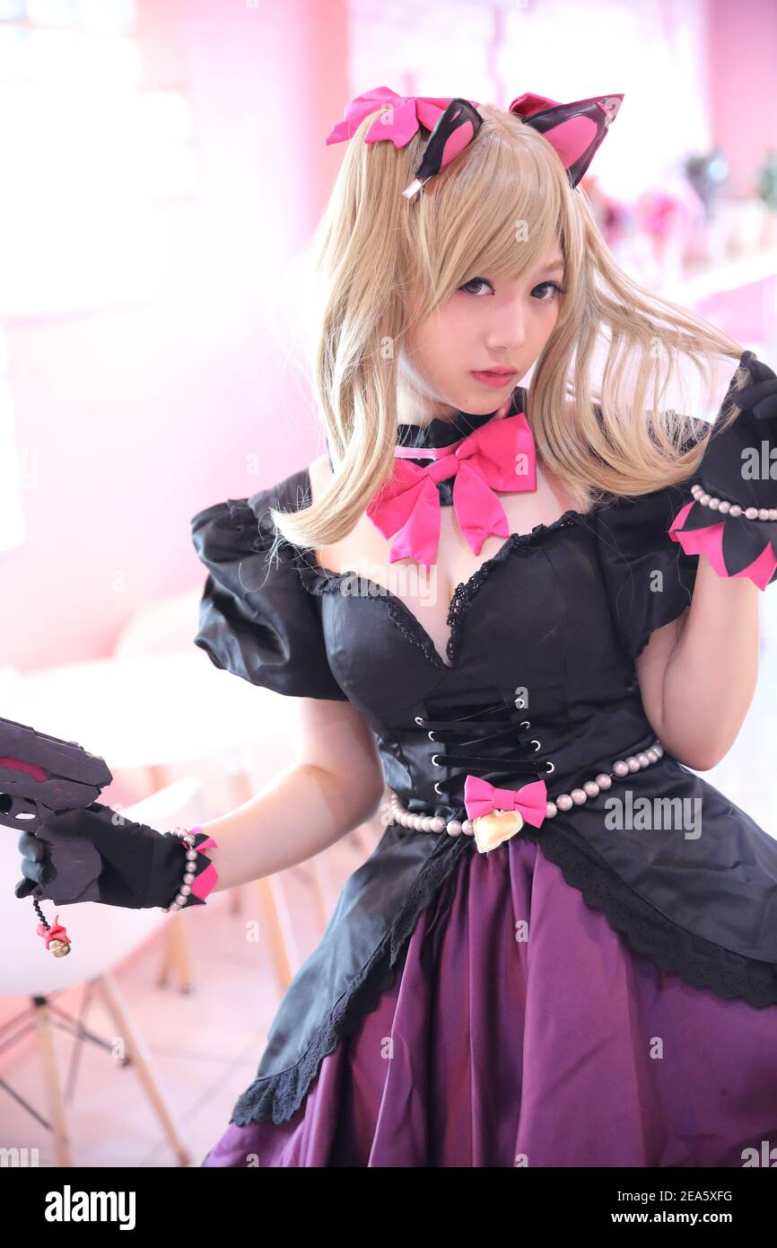 Japan anime cosplay , portrait of girl cosplay in pink room background ...