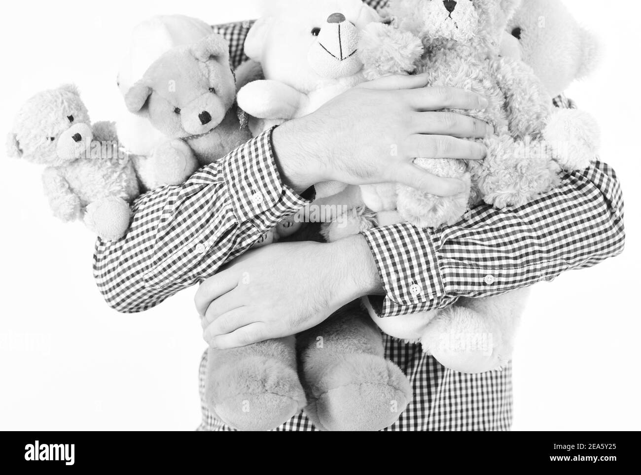 Male hands with bunch of stuffed animals. Male with soft toys, isolated ...