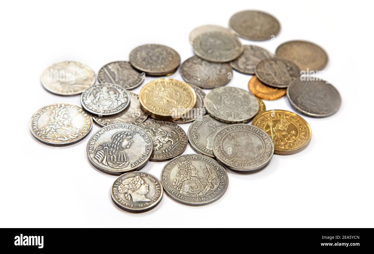 Collection of the medieval coins on the white background Stock Photo ...