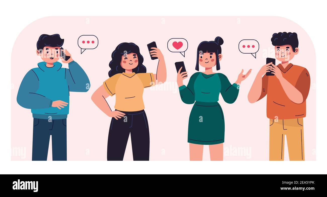 Group of young people using smartphones Vector illustration Stock ...