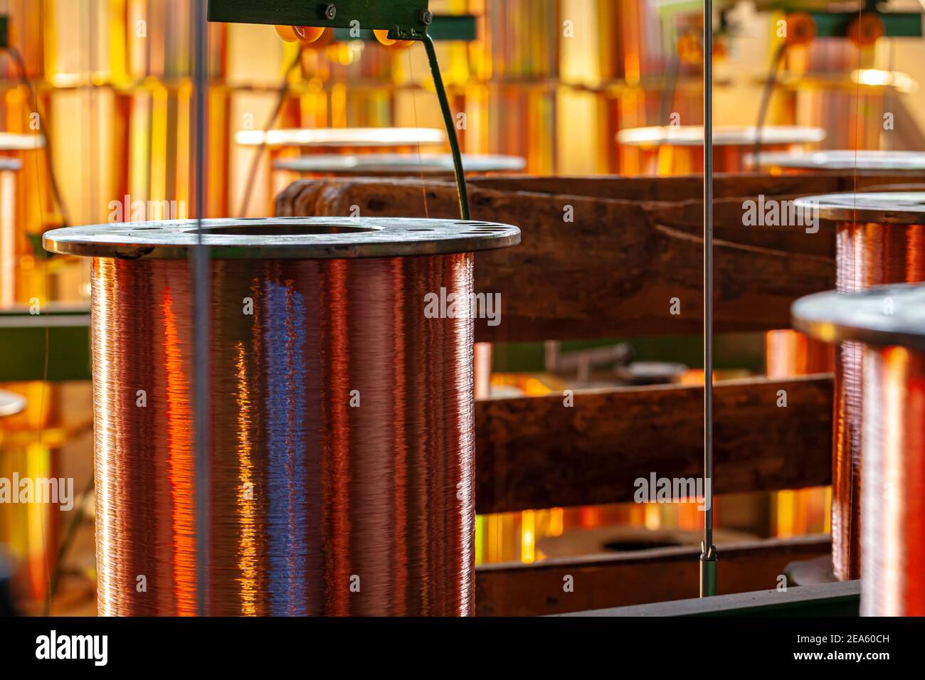 Copper wire reels in cable factory close up Stock Photo - Alamy