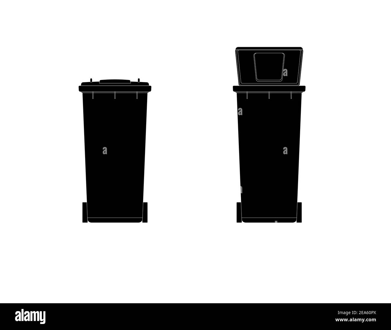 Set of vector icons of plastic debris containers on wheels. Open ...