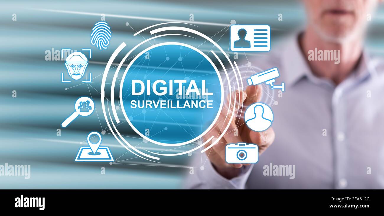 Man touching a digital surveillance concept on a touch screen with his ...