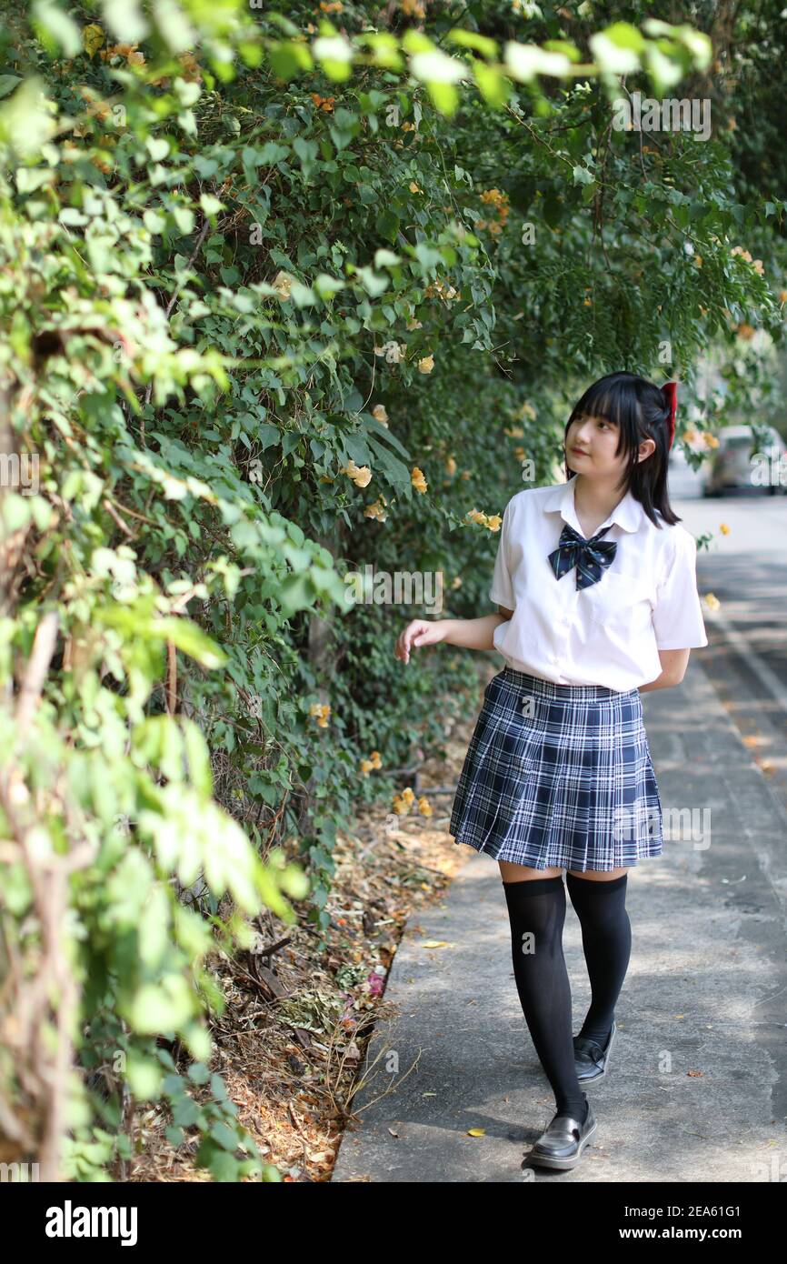 Asian school girl walking and looking in urban city with tree background Stock Photo - Alamy