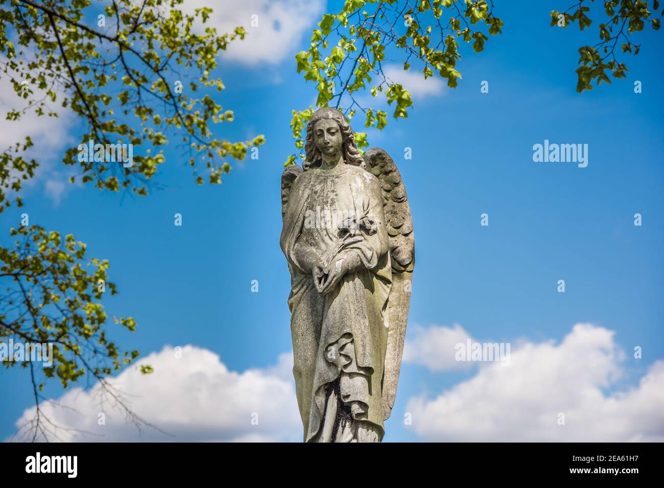 Angel statue in a cemetery with clouds and blue sky Stock Photo - Alamy