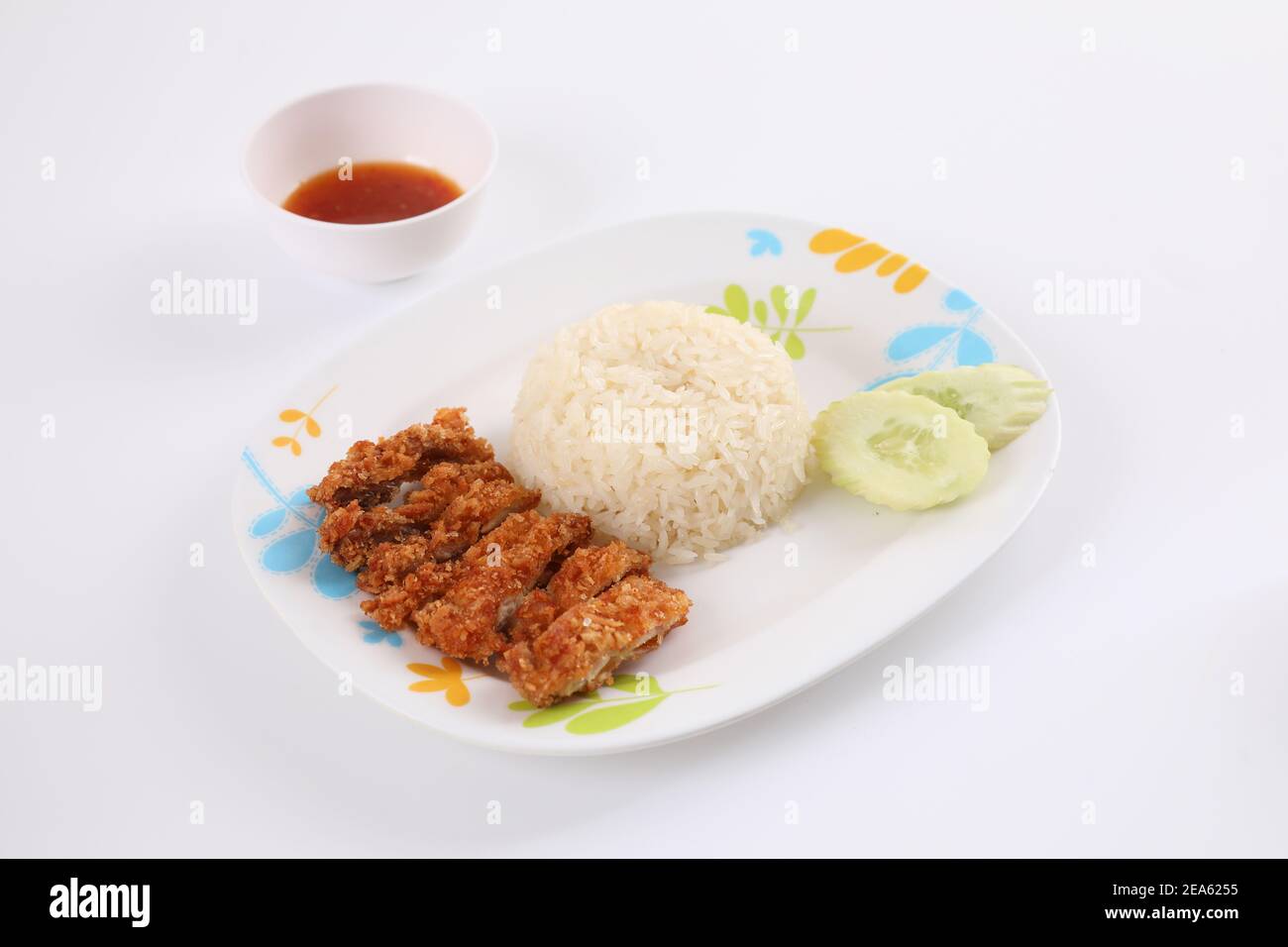 Thai food gourmet fried chicken with rice , khao mun kai in wood ...