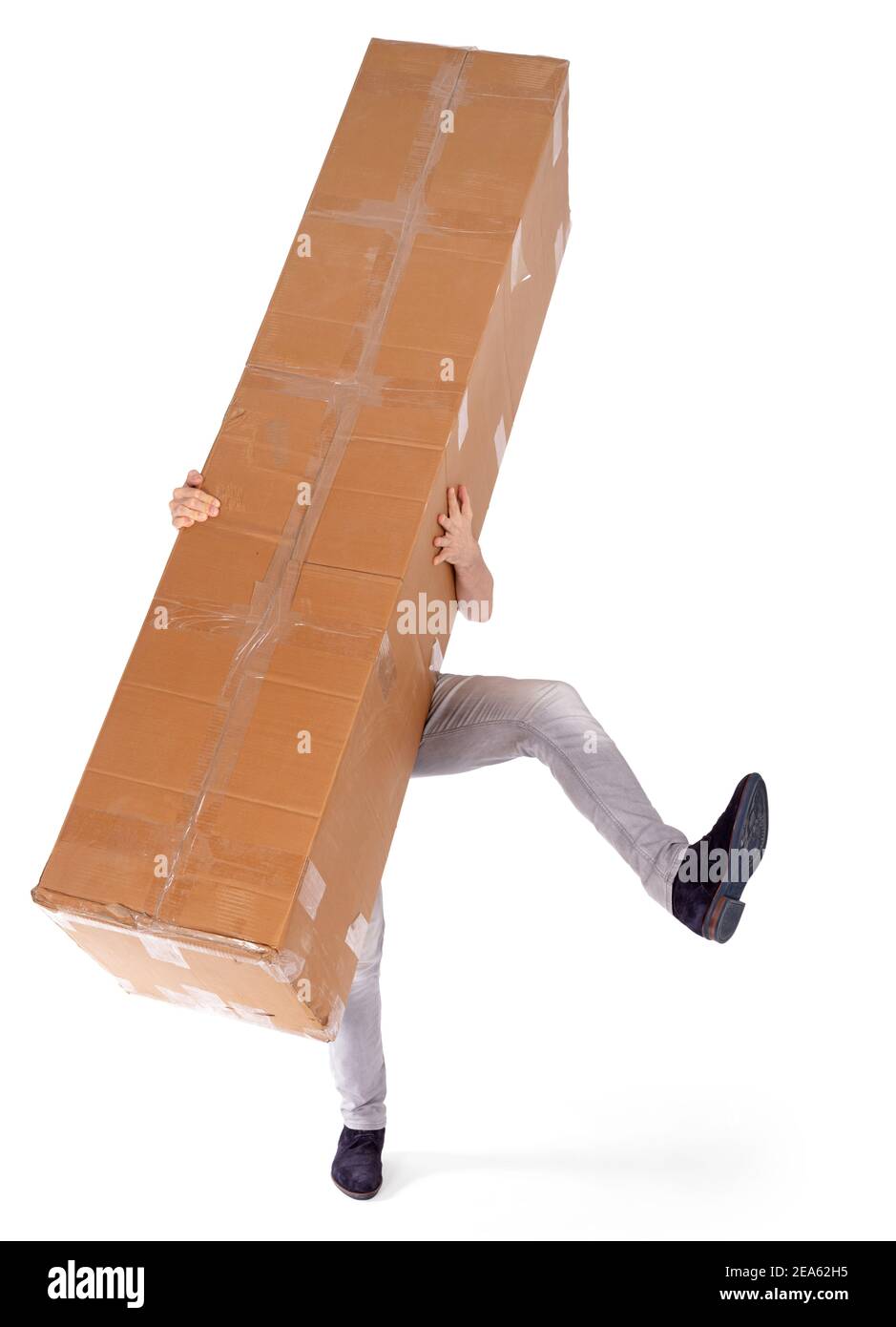 Man carrying a oversized cardboard box, isolated on white Stock Photo ...