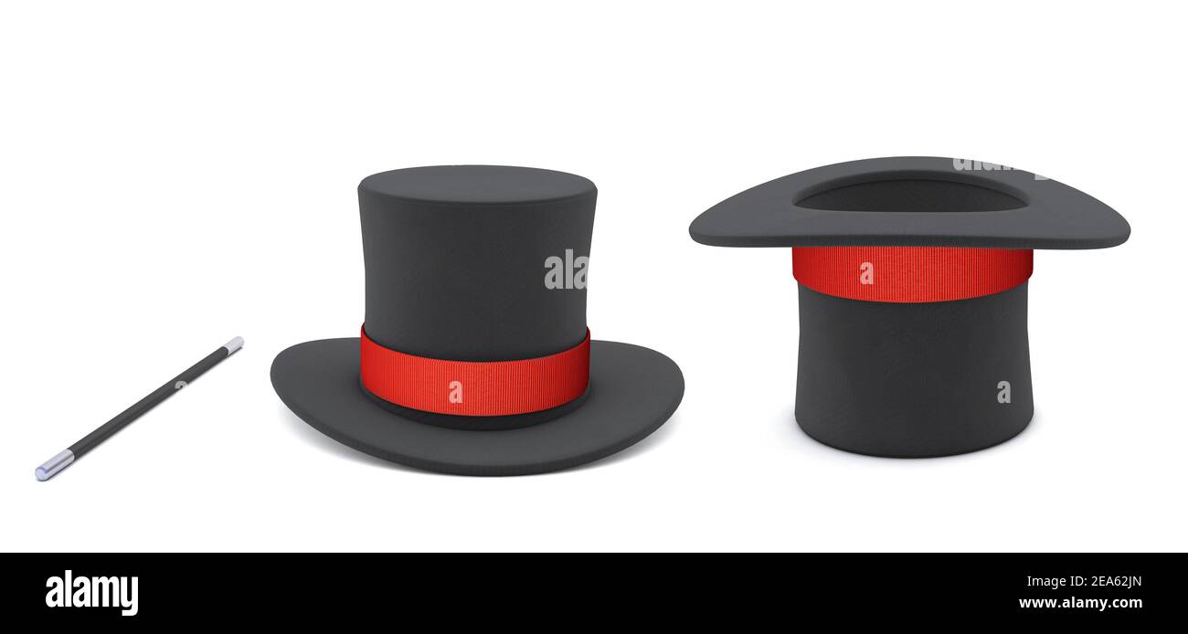 Magician hat. Black cylinder hat with a red ribbon and a magic wand ...