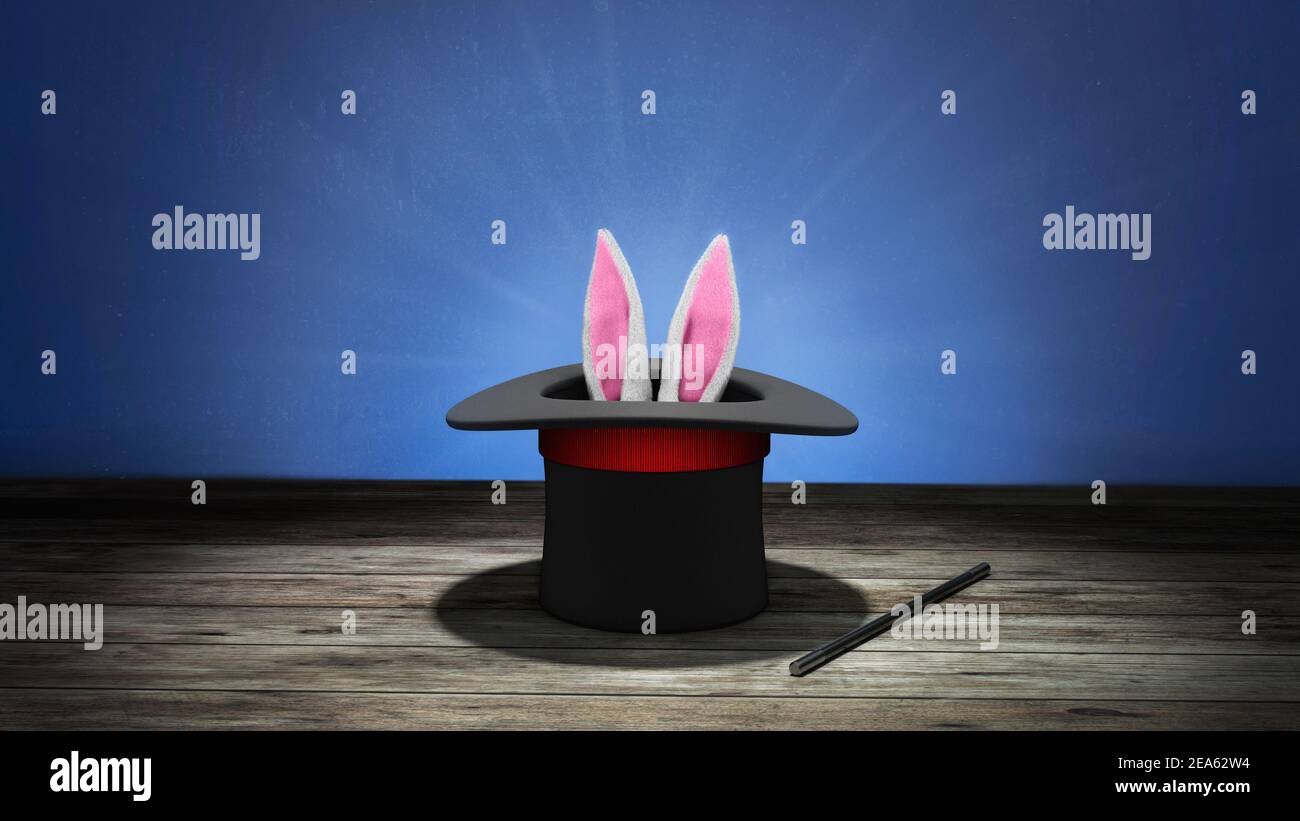 Magician hat. Rabbit ears stick out with a black top hat with a red ...