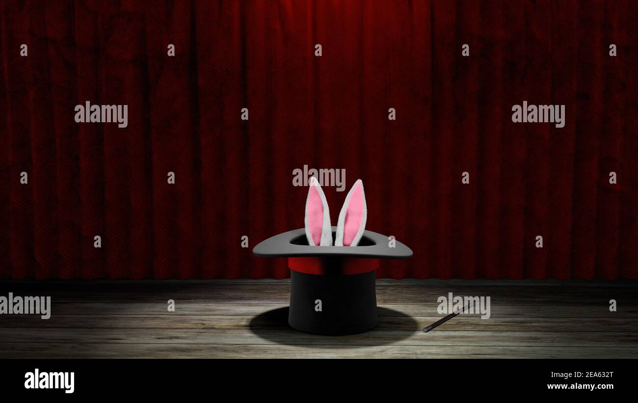 Magician hat. Rabbit ears stick out with a black top hat with a red ...