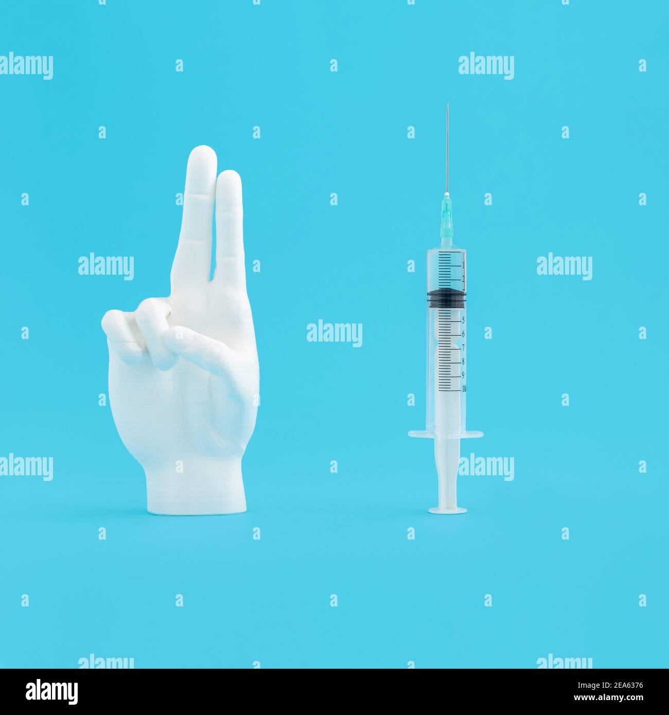 Illustration of a syringe and a white hand with index and middle ...