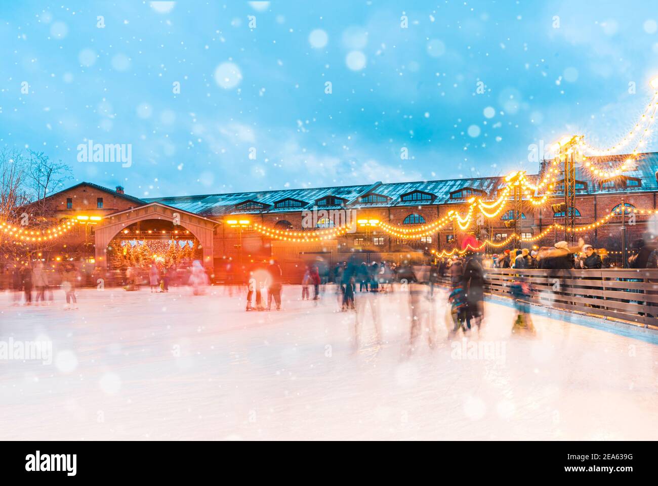 Ice Skating at night, long exposure. Winter scene in St. Petersburg ...