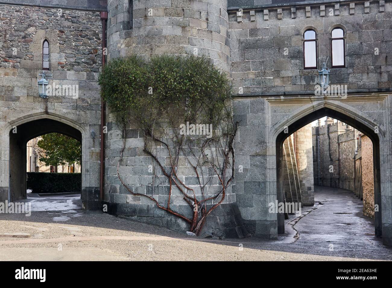 fragment of a wall with two arches and tower of an ancient palace built ...