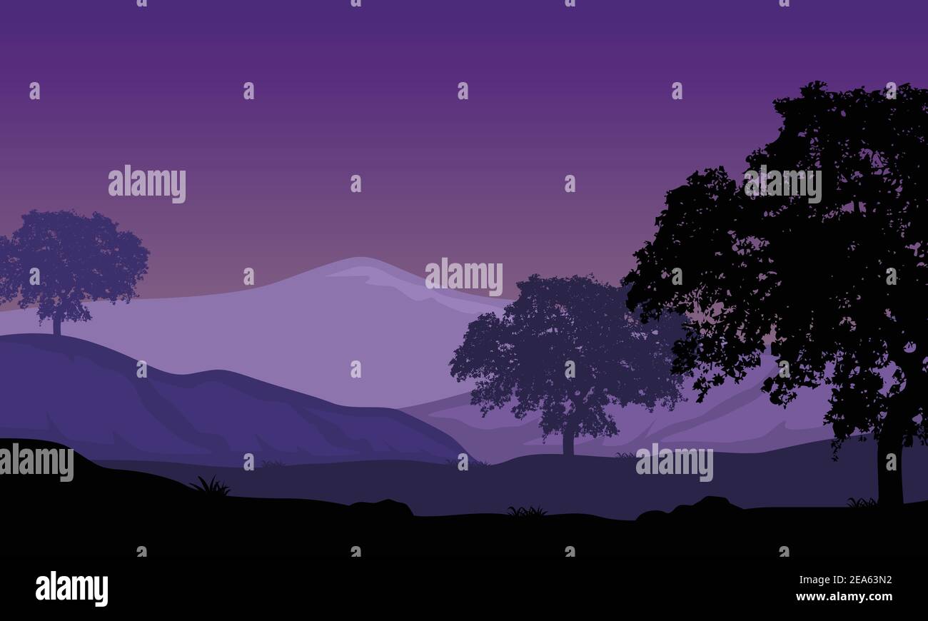 Nice scenery of trees and mountains at night. Vector illustration of a ...