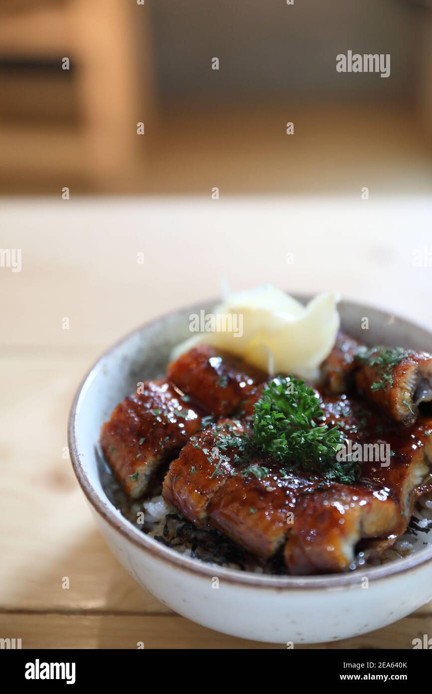 Japanese food unagi don , grilled eel on japanese rice on wood ...