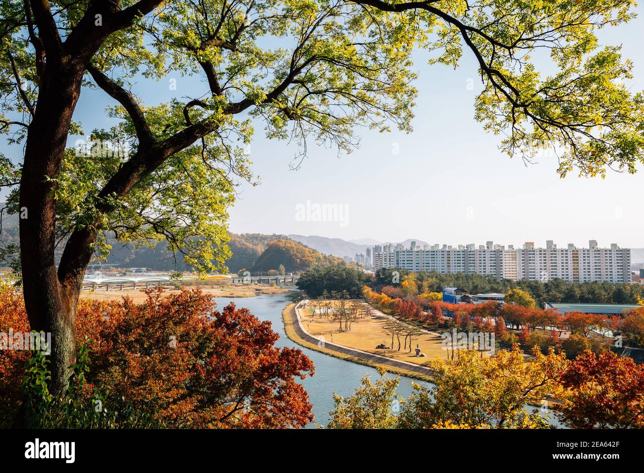 Panoramic view of Miryang city and river at autumn in Miryang, Korea ...