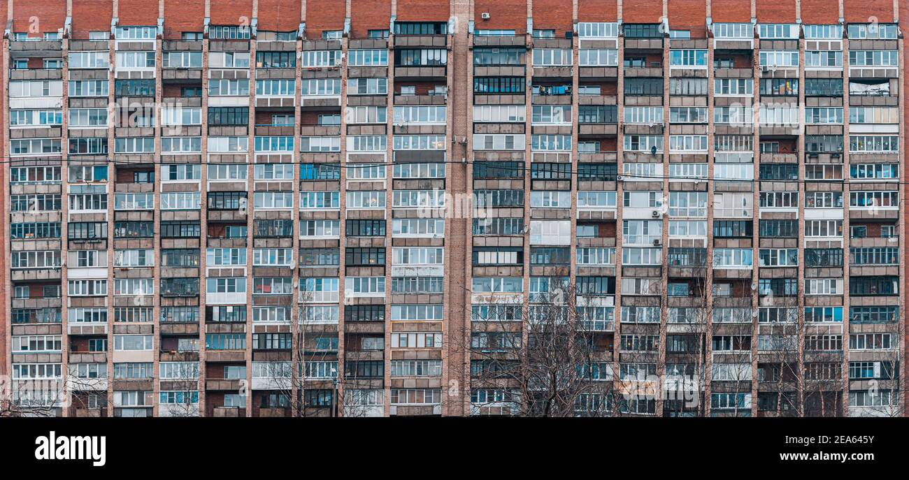 Balconies on a soviet era building. Old apartment building. Front view ...