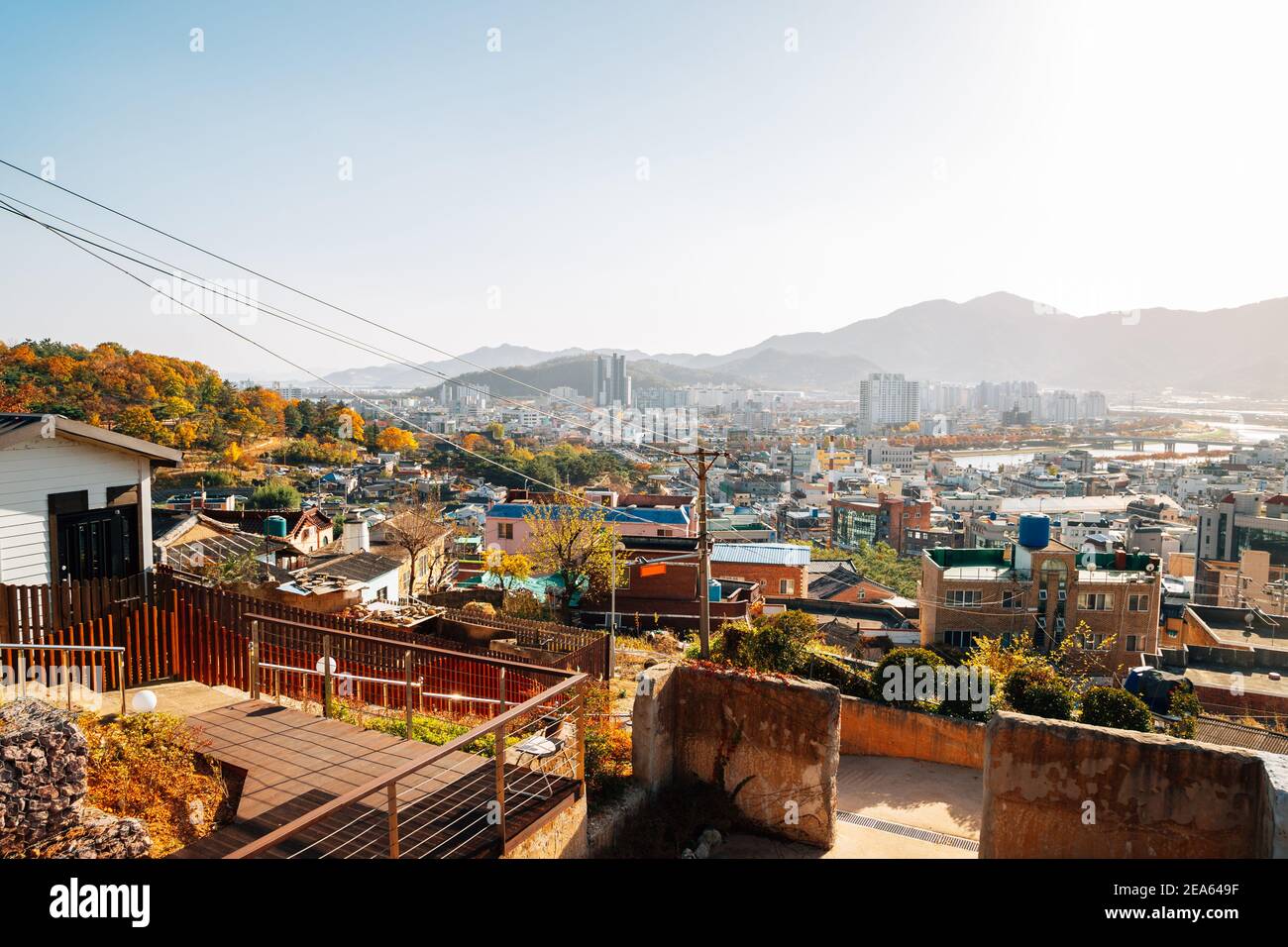 Panoramic view of Miryang city from Moonlight Ssamji park at autumn in ...