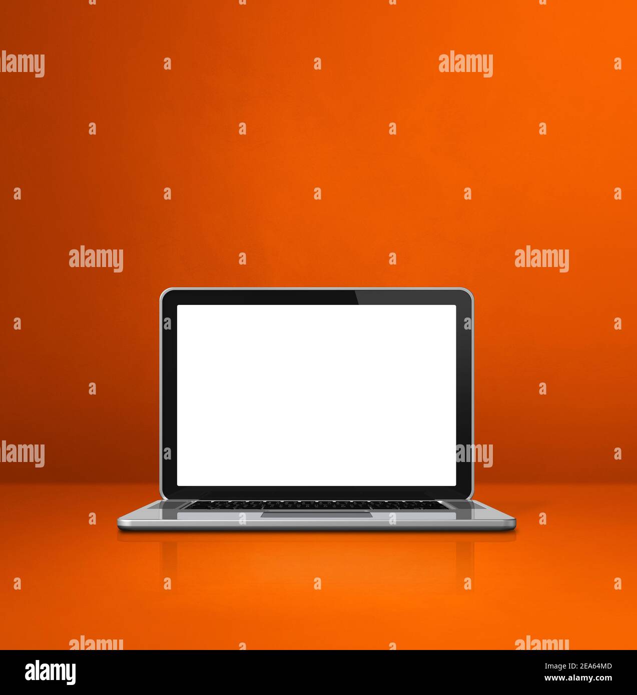 Laptop computer on orange office scene background. 3D Illustration ...