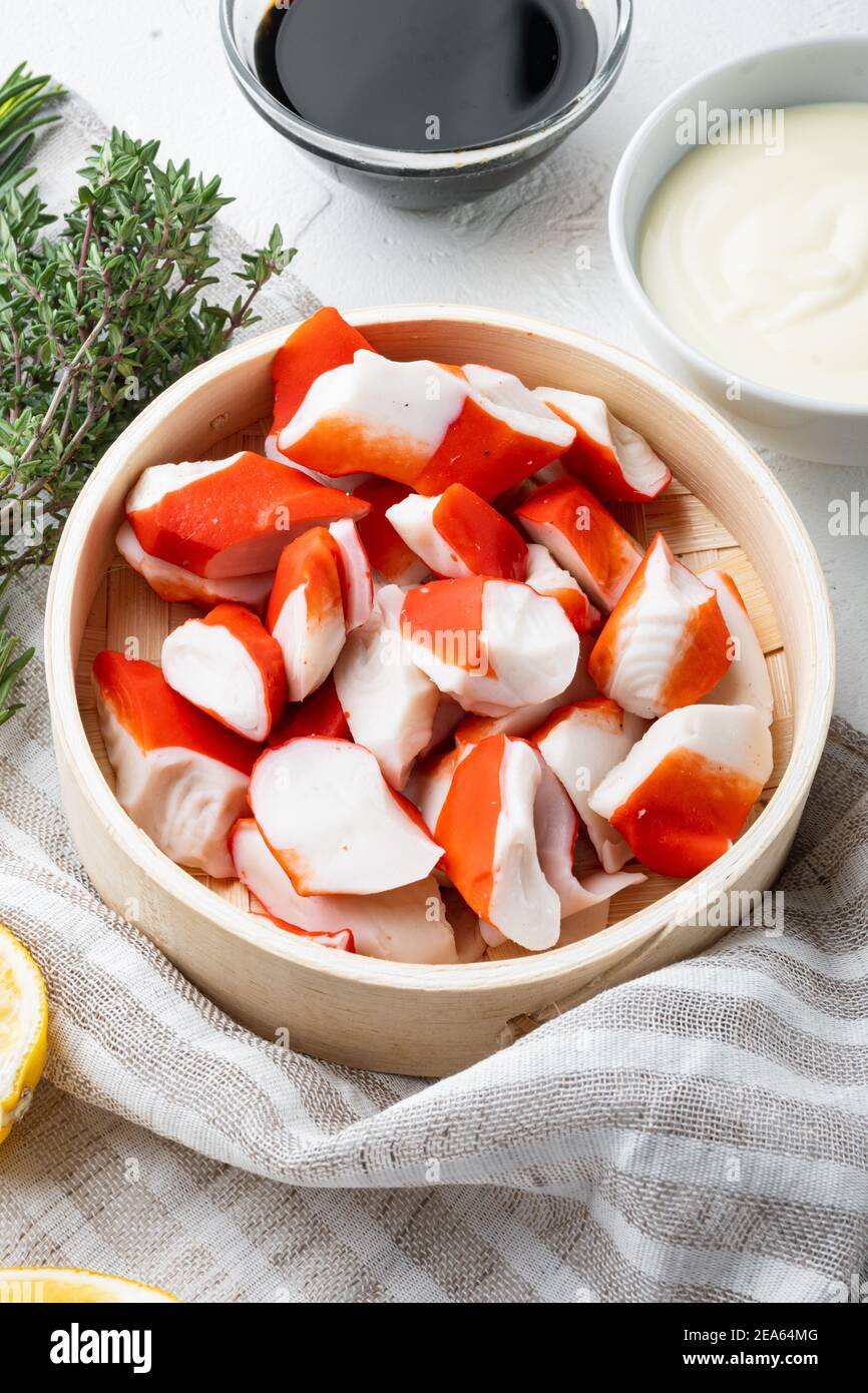 Asian snack surimi set, on wooden tray, on white background Stock Photo ...