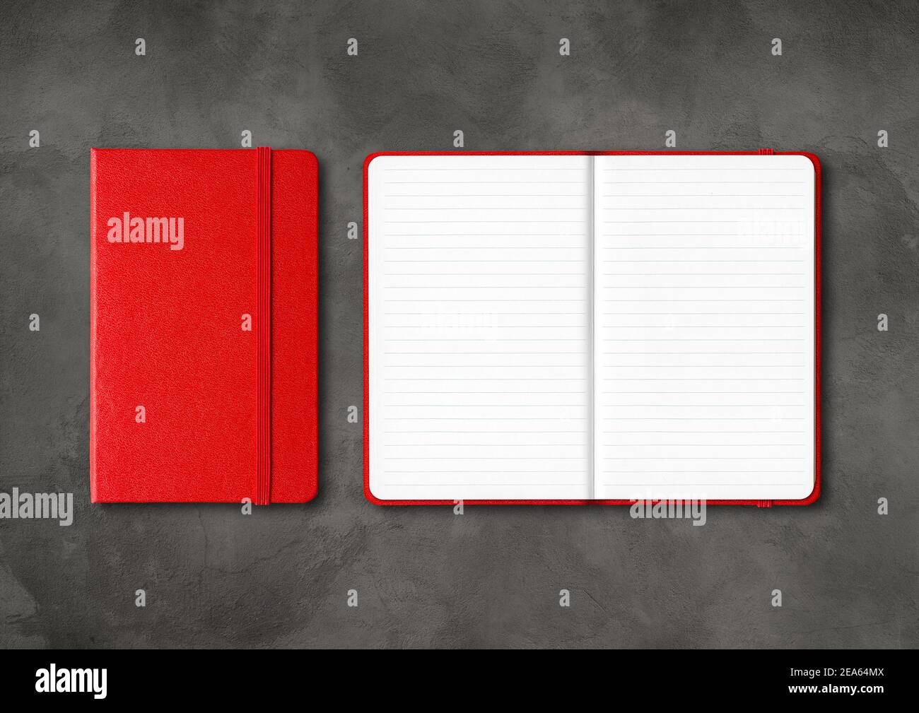 Red closed and open lined notebooks mockup isolated on dark concrete ...