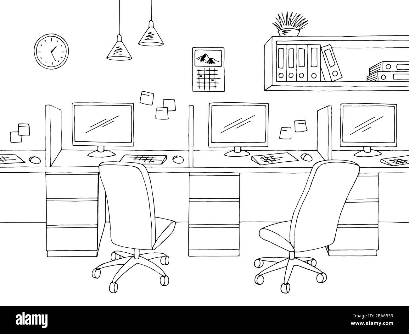 Call center office graphic black white interior sketch illustration ...