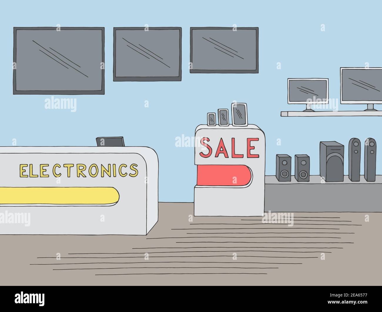 Electronics store interior graphic color sketch illustration vector ...
