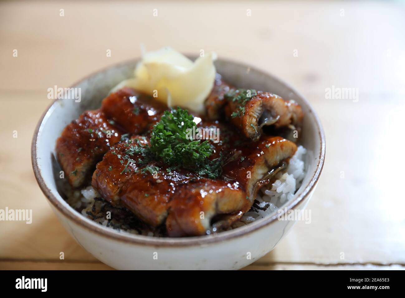 Japanese food unagi don , grilled eel on japanese rice on wood ...