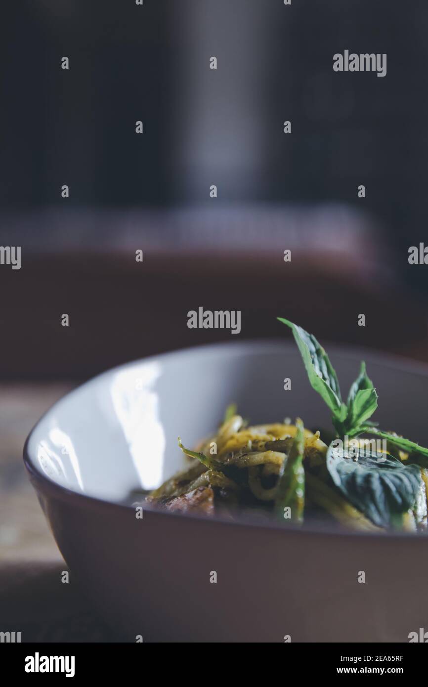 Pesto Spaghetti with shimp in high contrast italian food Stock Photo ...