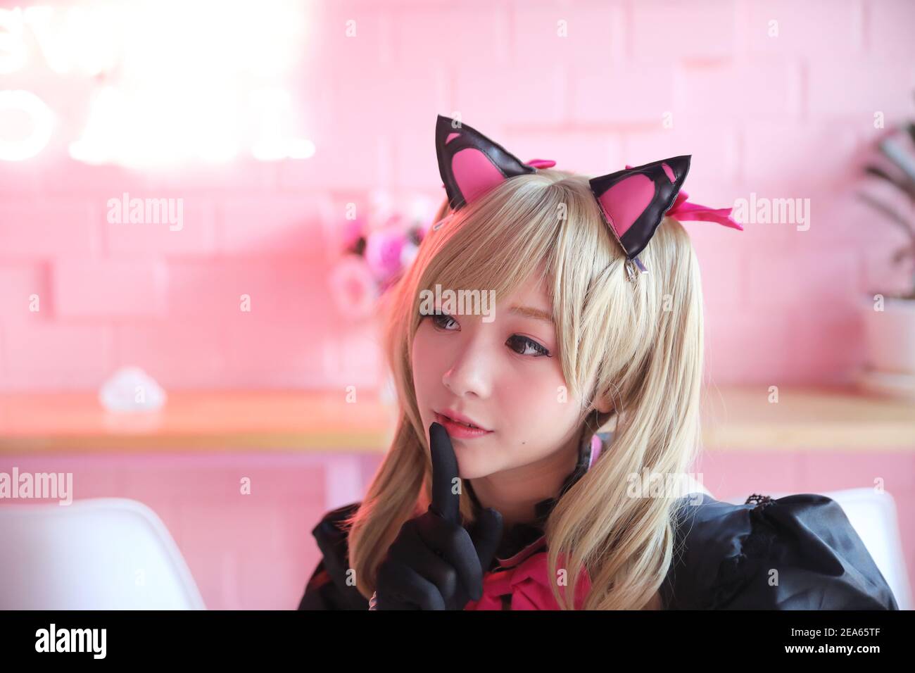 Japan anime cosplay , portrait of girl cosplay in pink room background ...