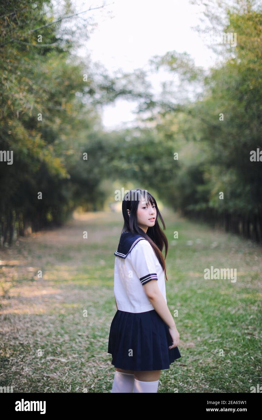 Portrait of beautiful Asian japanese high school girl uniform looking with bamboo forest ...