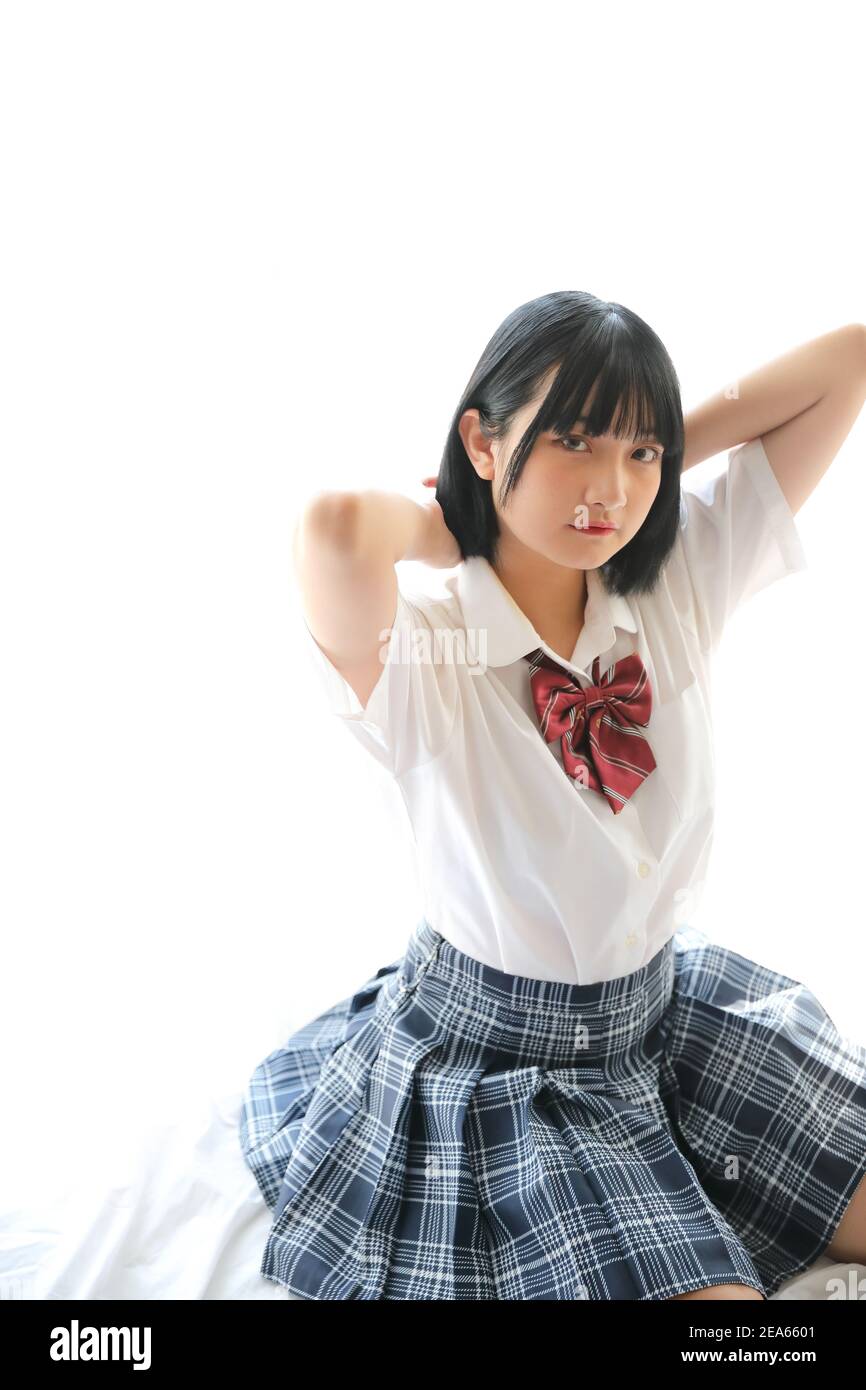 Portrait japanese school girl in white tone bed room Stock Photo - Alamy