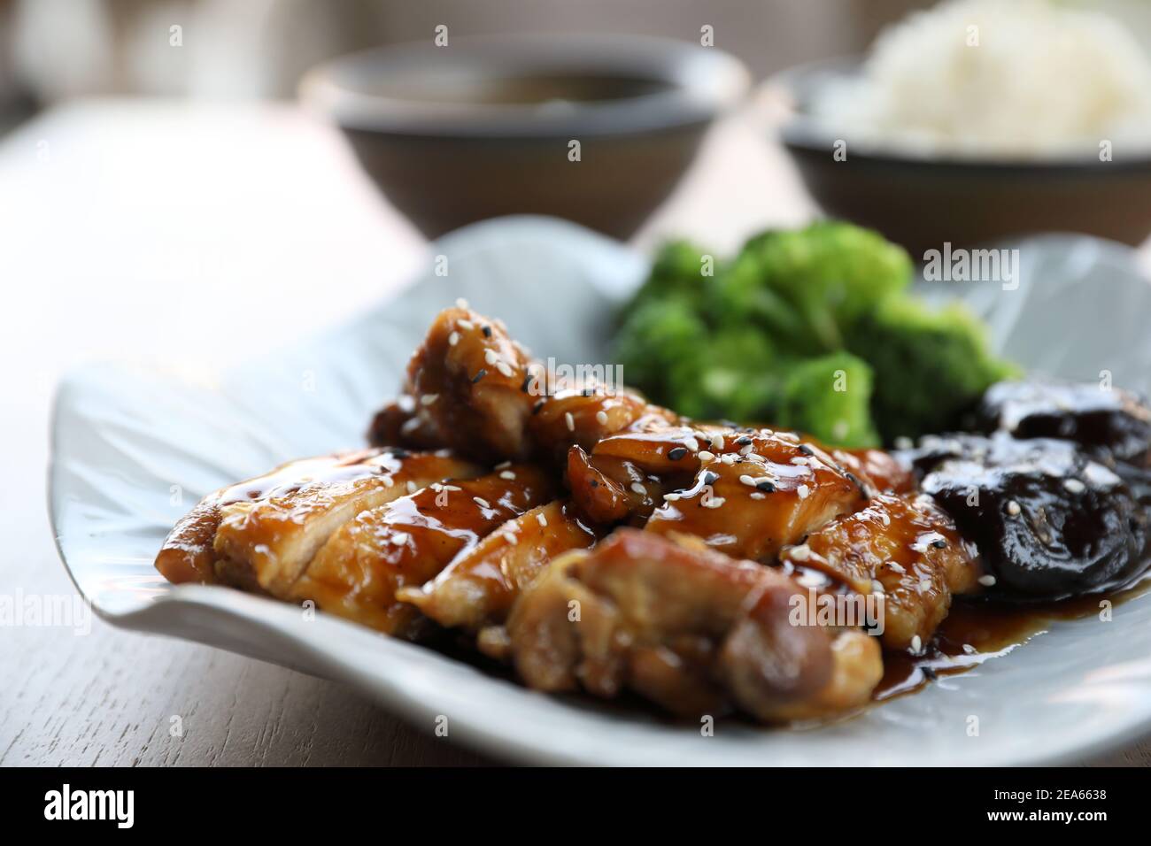 japanese food , Chicken teriyoki with rice on wood background Stock ...