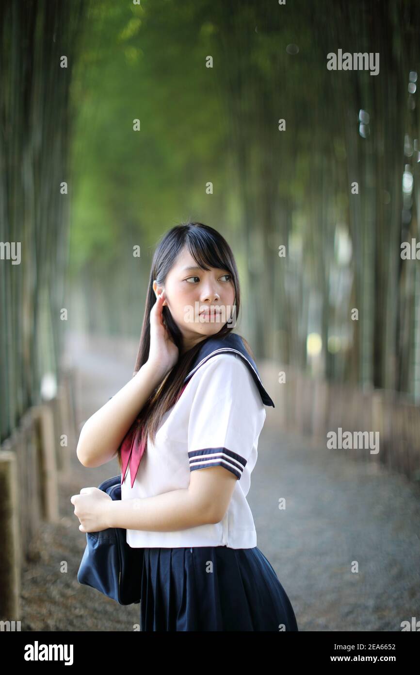 Portrait of beautiful Asian japanese high school girl uniform looking with bamboo forest ...