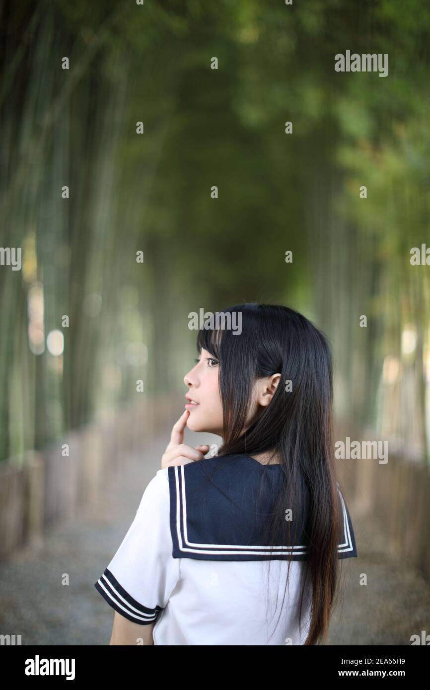 Portrait of beautiful Asian japanese high school girl uniform looking with bamboo forest ...