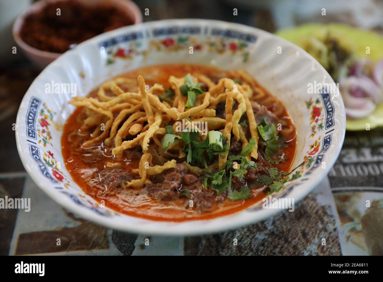 Northern Thai Curry Noodles soup , khao soi local thai street food ...