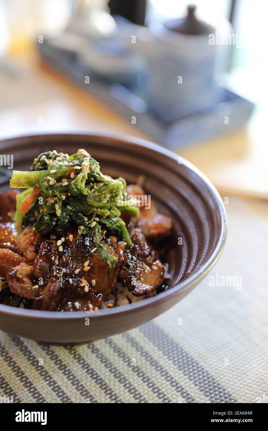 Grilled pork bowl japanese buta donburi on wood background Stock Photo ...