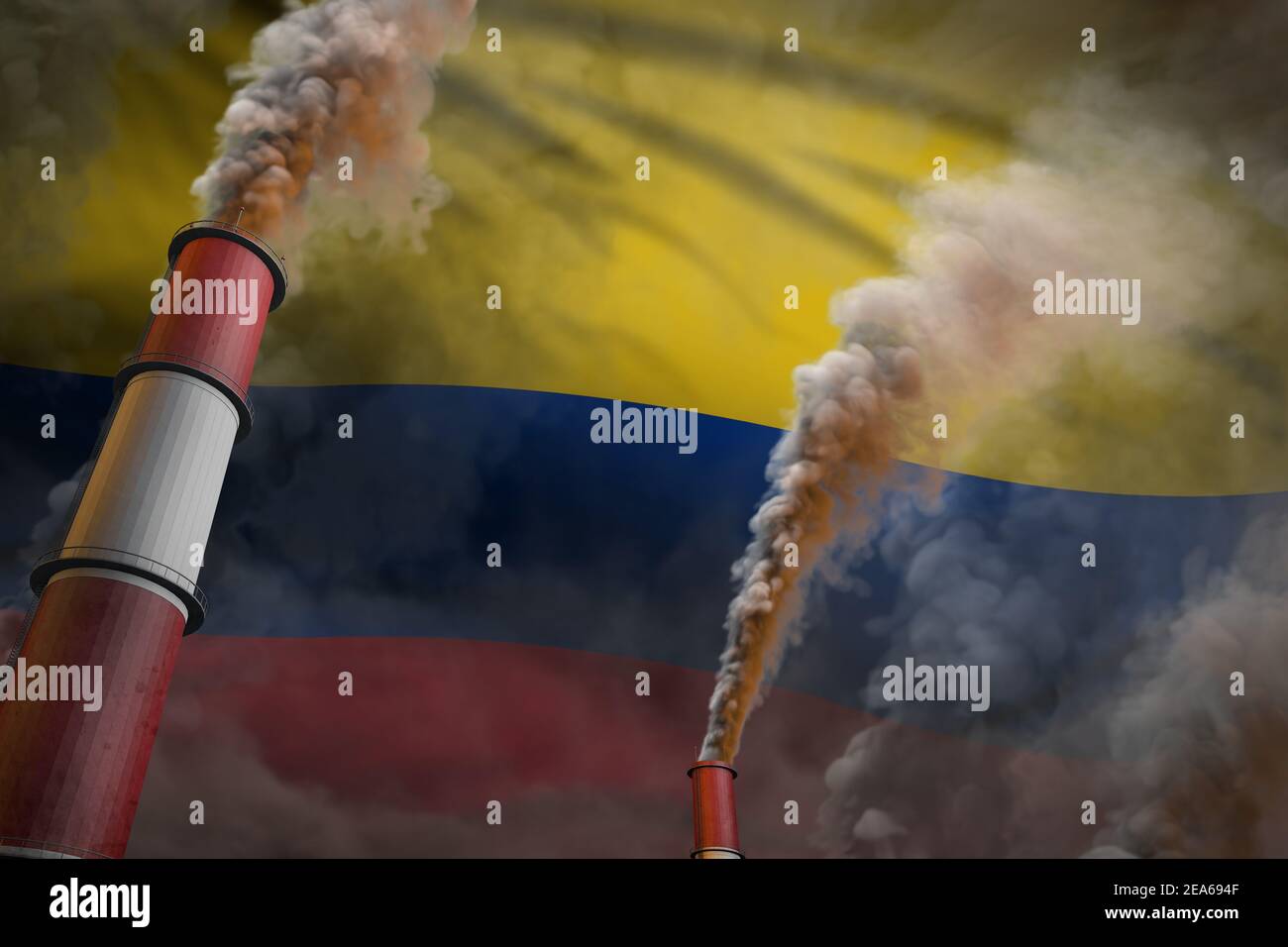 Colombia pollution fight concept - two big plant chimneys with heavy ...
