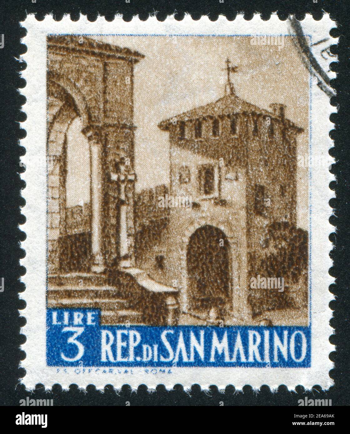 SAN MARINO - CIRCA 1957: stamp printed by San Marino, shows Gate tower ...