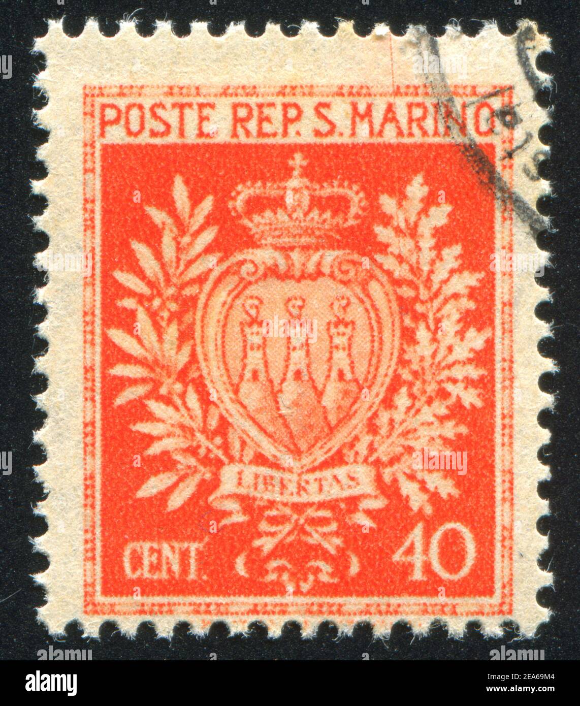SAN MARINO - CIRCA 1945: stamp printed by San Marino, shows Coat of ...