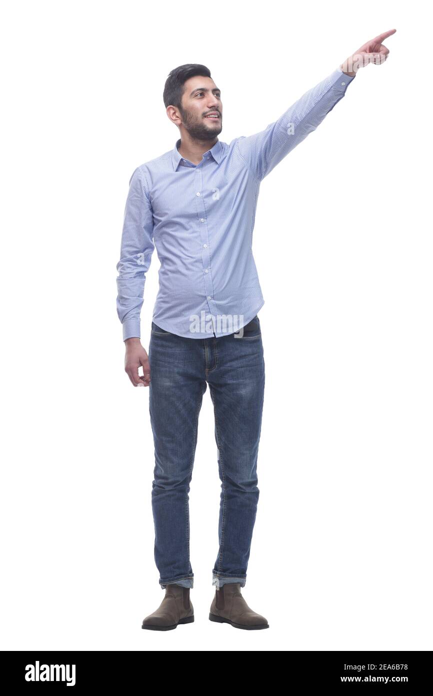 casual young man pointing at a white blank screen Stock Photo - Alamy