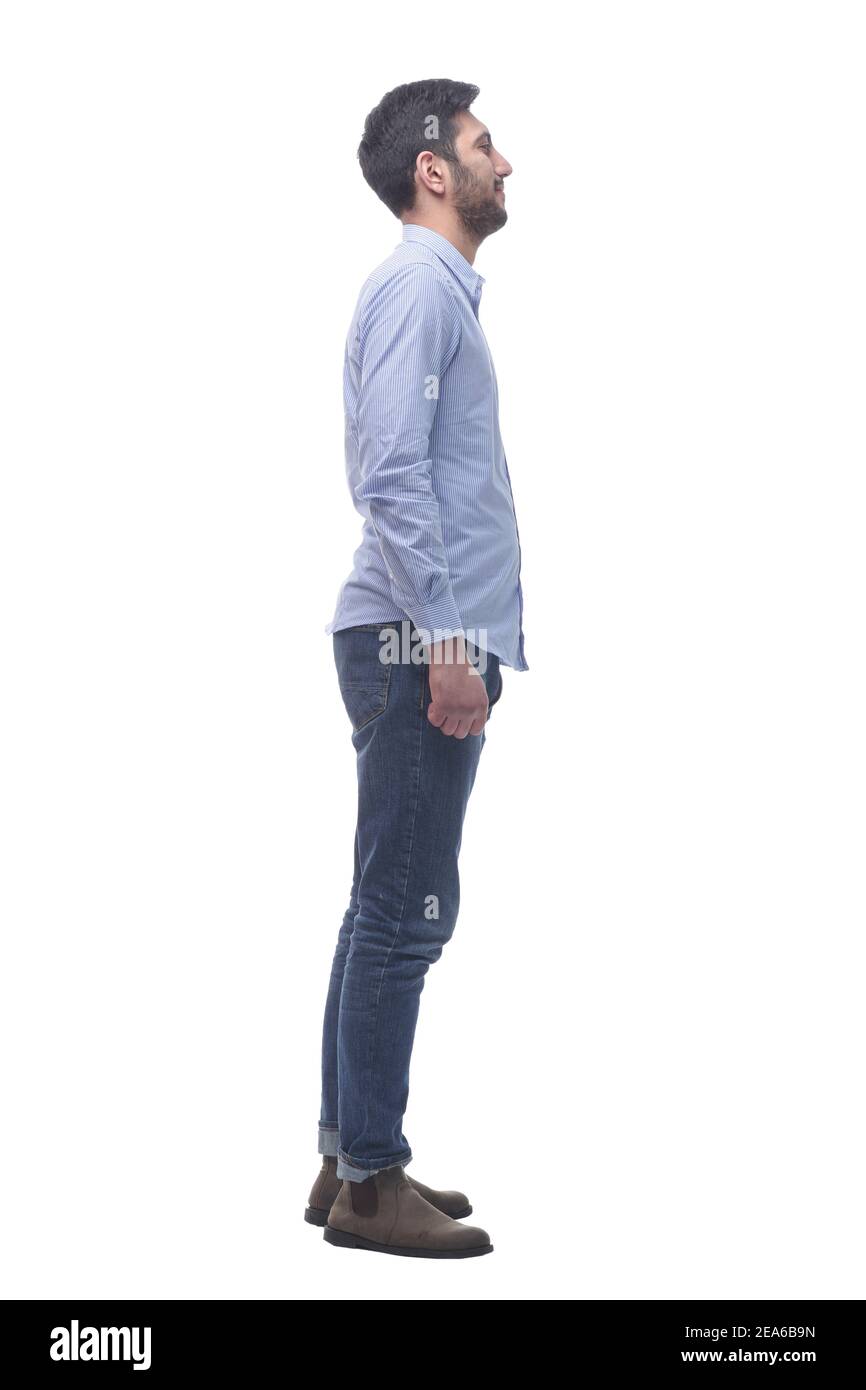 side view . confident young man looking at you Stock Photo - Alamy