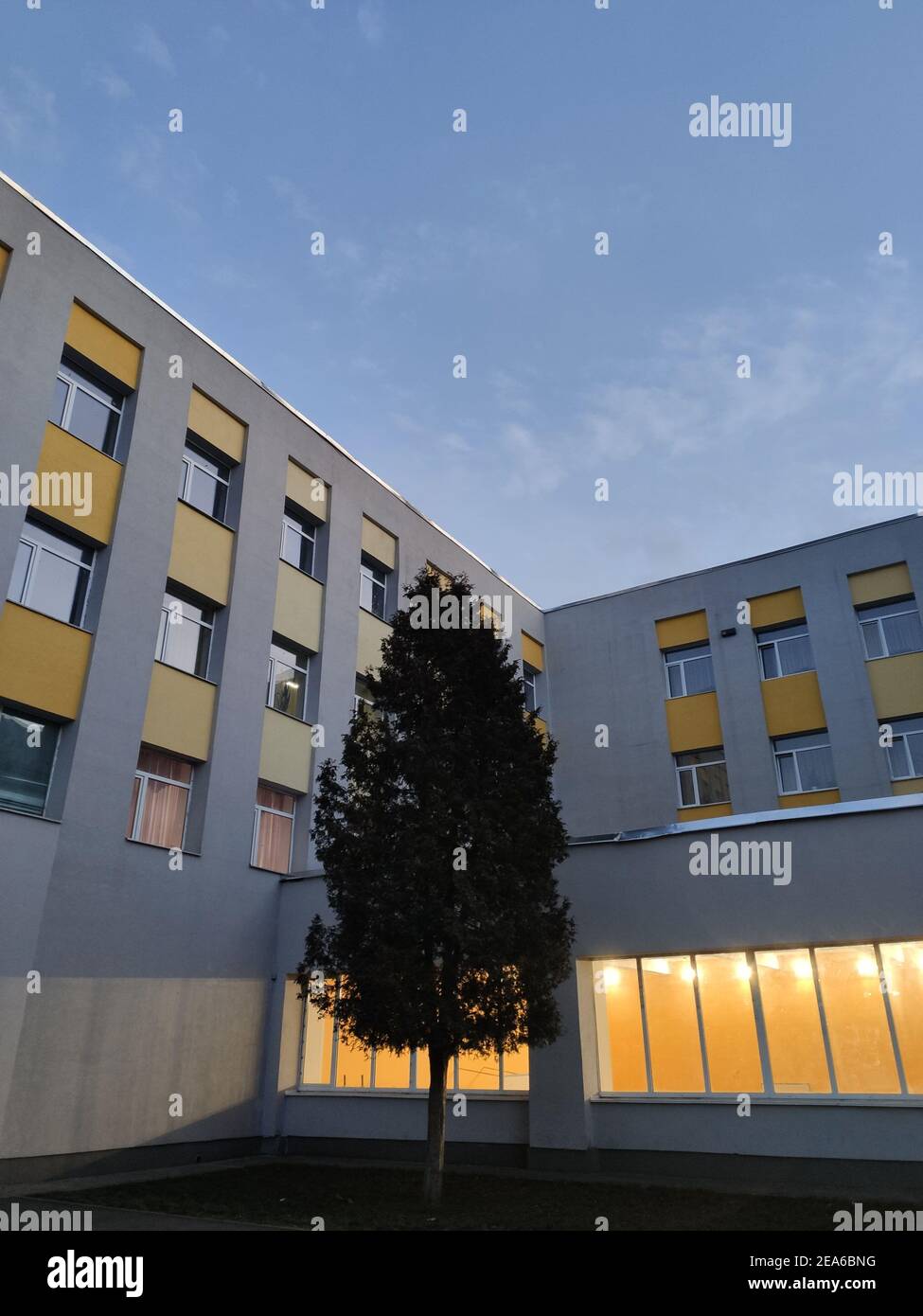 a new school building after renovation with wood Stock Photo - Alamy