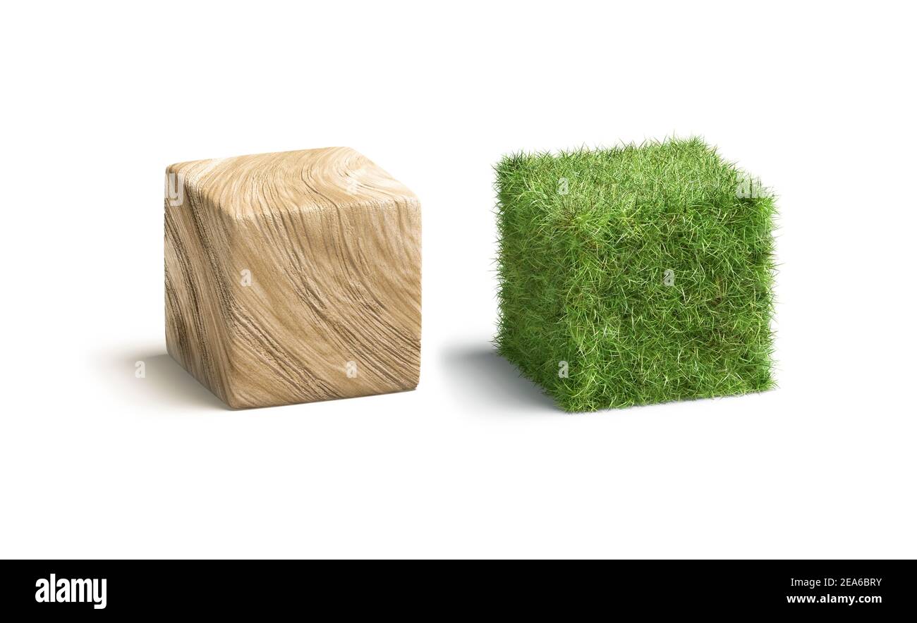 Blank wood and grass surface cube mockup set, 3d rendering. Empty ...