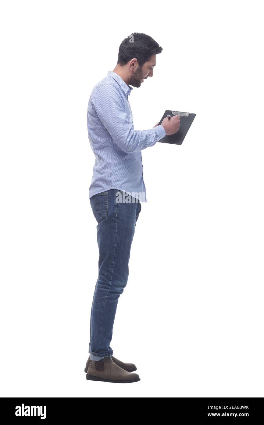 side view. young man pointing at blank in clipboard Stock Photo - Alamy